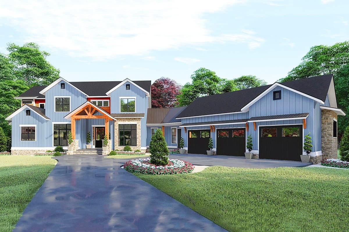 5-Bedroom 2-Story Contemporary Farmhouse with Open Layout and Side ...
